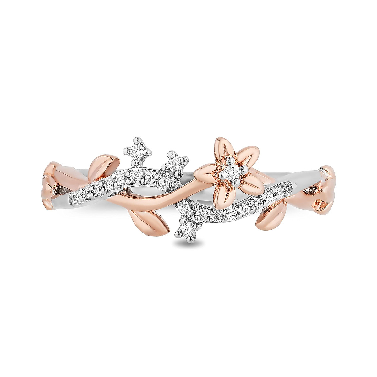 Jewelili Disney Princess Rapunzel Magical Flower Ring for Women with 1/10 Cttw Natural White Round Diamond in Sterling Silver and 10K Rose Gold, Size 5 Enchanted Disney Fine Jewelry