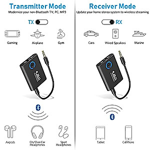 1Mii Bluetooth 5.2 Transmitter Receiver for TV, Bluetooth Adapter for TV aptX Low Latency Dual Link, 3.5mm Bluetooth Audio Transmitter for MP3 Airplanes Boats Treadmill Gaming