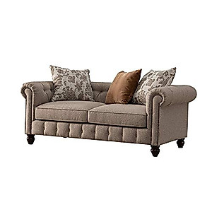 Acanva Chesterfield Tufted Sofa with Scroll Arms, Nailhead Trim Linen Upholstered, 70" W Loveseat, Brown