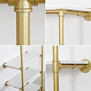 WJJAYY Wall Mounted Industrial Pipe Clothing Rack Wood Garment Rack Hanging Clothes Rack Multi-purpose Heavy Duty Hanging Rod,Steampunk Clothes Rack Retail (64 x49 inch,Gold)