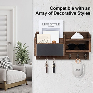 Lwenki Mail and Key Holder – Wall Mount Key Hanger with Shelf and 7 Metal Hooks – Decorative Natural Paulownia Wood Entryway Organizer with Mounting Hardware (16.5”W x 8.7”H x 3.5”D) (Brown)