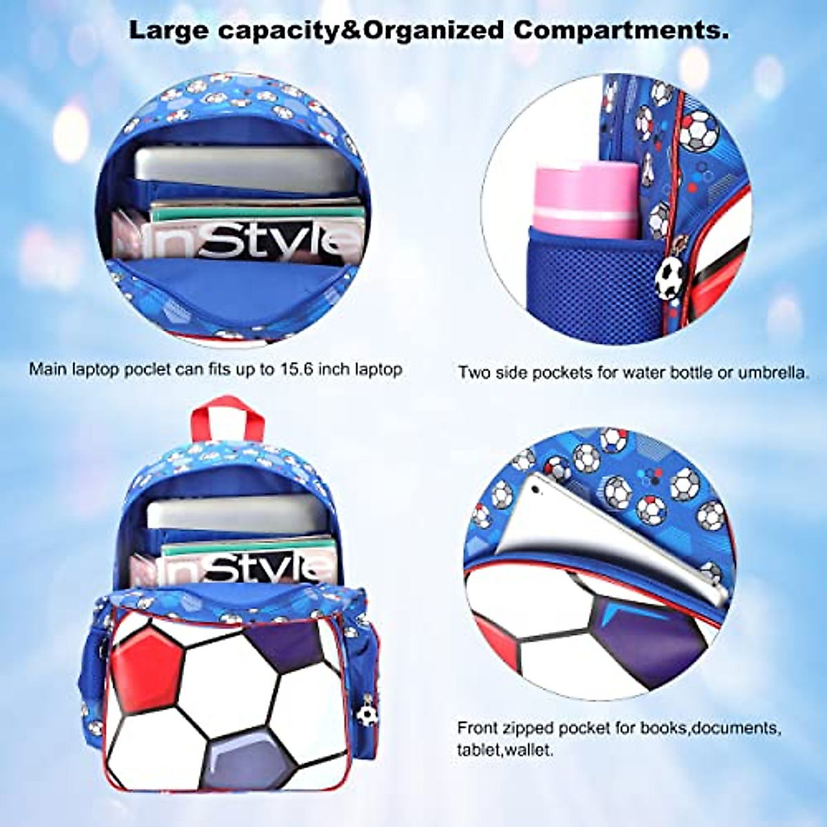 YOJOY Kids Backpack for Boys School with Lunch Box Waterproof Lightweight Bookbag for Children Elementary School Bags for Boys (Blue Football Set)