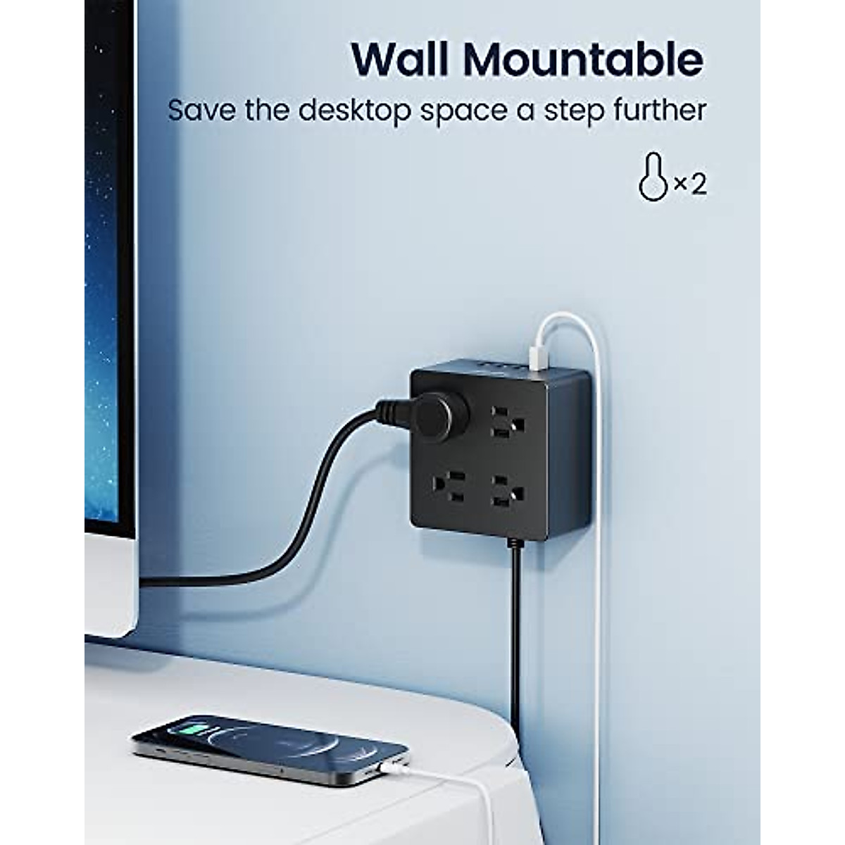 5ft Power Strip, SUPERDANNY Surge Protector 900 Joules, 4-Outlet 4-USB Extension Cord, Overload Switch, Grounded, Mountable, Desktop Charging Station for Home, Office, School, Dorm, Computer, Black