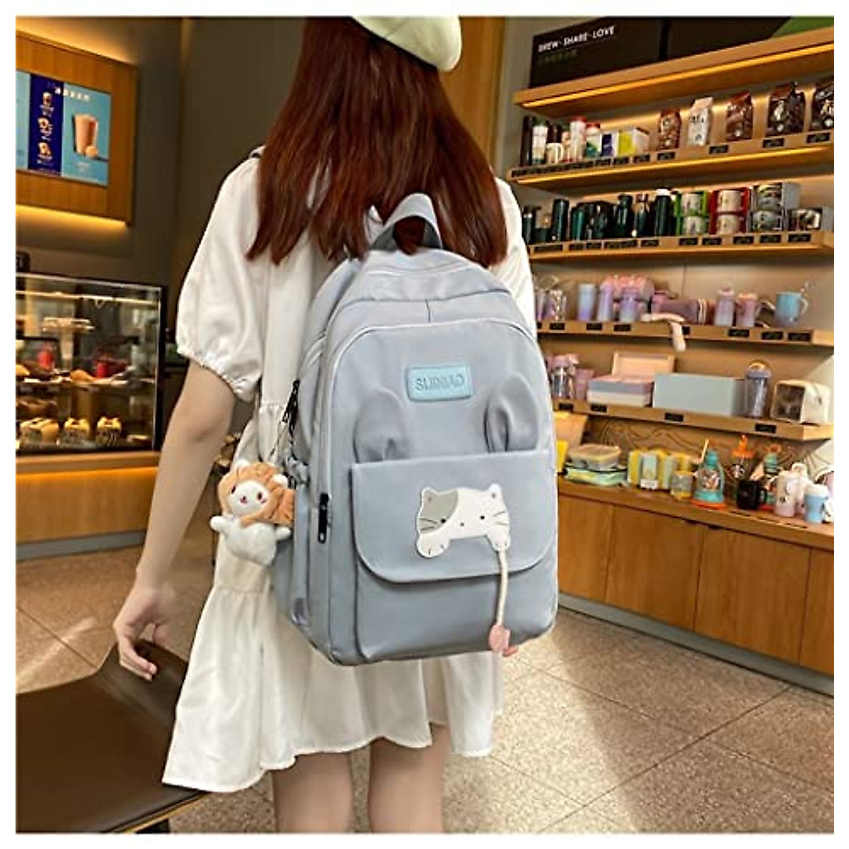 JHTPSLR Kawaii Backpack Japanese Cute Cat School Backpack with Plushies Aesthetic Backpack for Teen Girls Back to School Supplies (Blue)