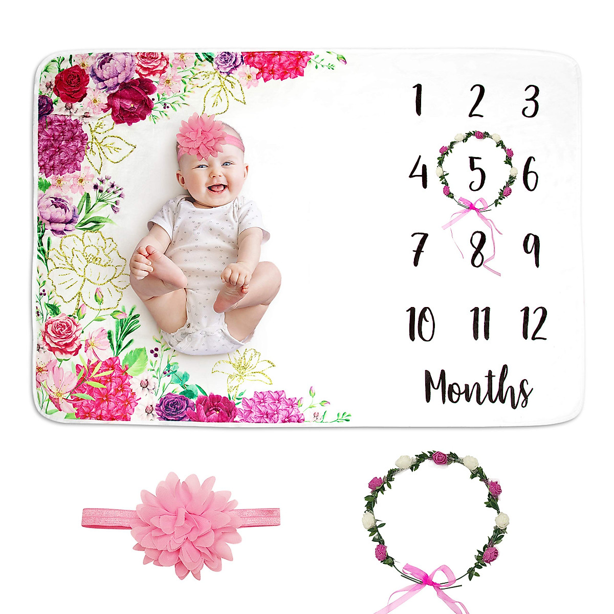 Baby Monthly Milestone Blanket Girl - Extra Soft, Large (60"X40") Thick Fleece - Baby Growth Chart Blanket - Baby Age Blanket for Photos - Baby Month Blanket Girls -Includes Headband and Floral Wreath