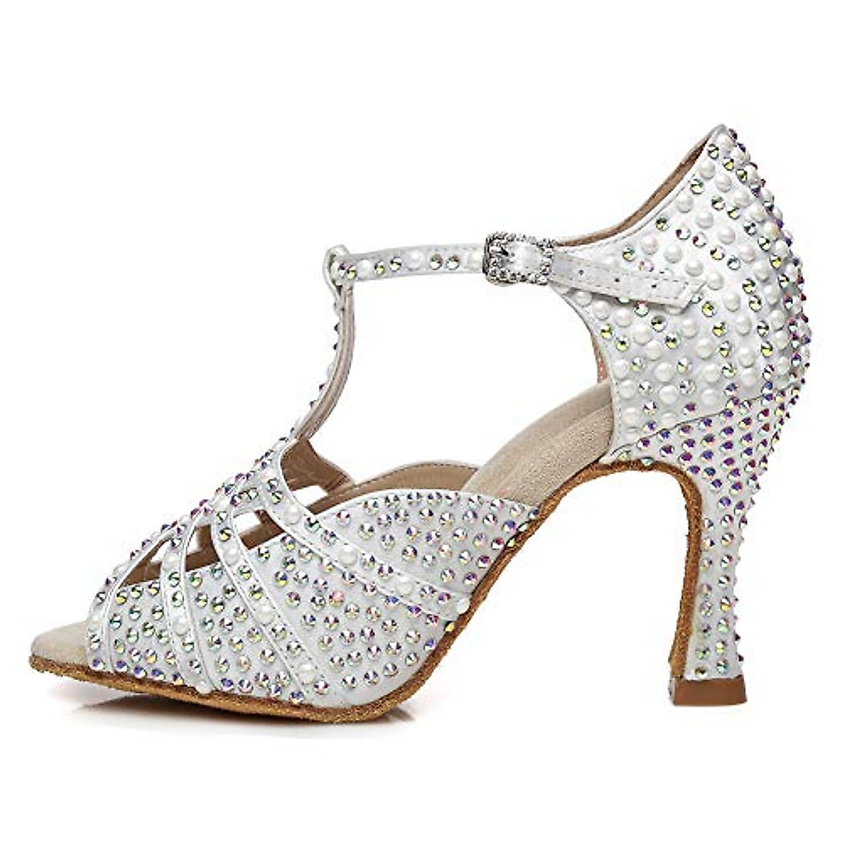 YKXLM Rhinestones Ballroom Dance Shoes Women Latin Salsa Dance Shoes T-Strap,L431-10,White,9.5 US