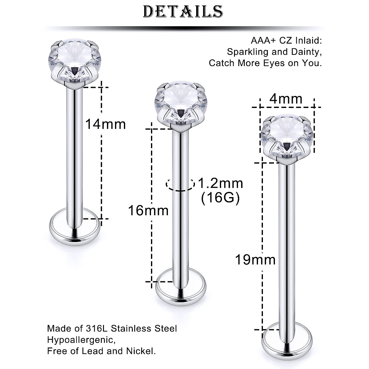 Kridzisw 16G Cheek Dimple Piercing Jewelry Flat Back Tongue Ring Barbell Stainless Surgical Steel Extra Long Lip Labret Ashley Medusa Monroe Ring Stud Piercing Jewelry Women Men 14mm 16mm 19mm Silver