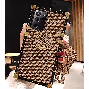 Babemall Compatible for Samsung Galaxy Note 20 Ultra 5G Case, Bling Glitter Protective Plating Decoration Corner Back Cover Case with 360 Degree Ring Holder and Bead Chain (Gold)