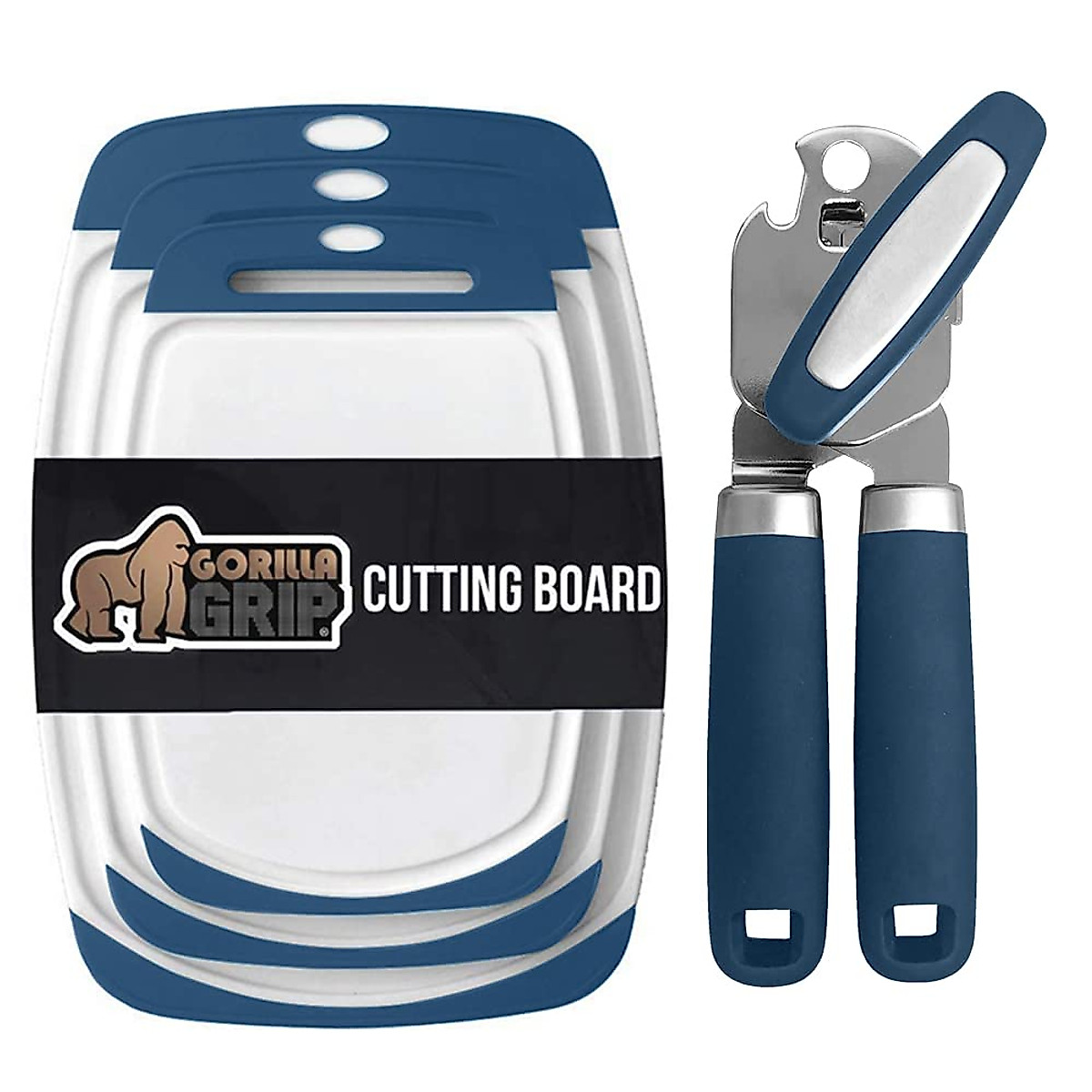 Gorilla Grip Cutting Boards Set of 3 and Manual Can Opener, Cutting Boards Are Slip Resistant, Can Opener Includes Built in Bottle Opener, Both in Blue Color, 2 Item Bundle