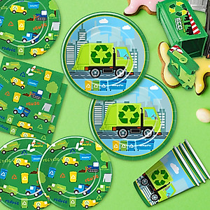 Xigejob Garbage Theme Trash Truck Birthday Party Supplies, Garbage Truck Party Decorations Dinnerware, Plate, Cup, Napkin, Waste Recycling Trash Truck Party Supplies For Birthday Baby Shower, Serve 24