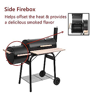 44 Inch Charcoal Grill and Offset Smoker, Portable Backyard Steel BBQ Oven with Wheels, Outdoor Patio Barbecue Cooker with Side Fire Box for Camping, Picnic, Party