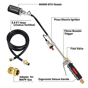Propane Torch Weed Burner,Flamethrower,Propane Garden Torch,9.8 FT Hose,Gas Bottle Adapter,Heavy Duty Output and One-push Electronic Button Igniter,Widly Use for Weeding,Grilling,Ice melting