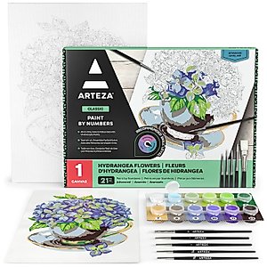 ARTEZA Paint by Number for Adults, 12x16 Inches, 21 Pieces, Hydrangea Flowers Paint by Numbers Kit, 1 Canvas Panel, 12 Acrylic Paint Pots, 5 Paintbrushes, Art Supplies for Home & Office Decor