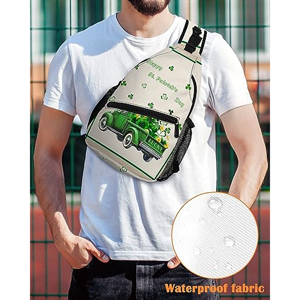 Gsypo Sling Backpack, St.Patrick's Day Shamrocks Truck Linen Waterproof Lightweight Small Sling Bag, Travel Chest Bag Crossbody Shoulder Bag Hiking Daypack for Women Men