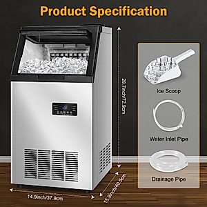 Commercial Ice Maker Machine, 140Lbs/24 with 2 Water Inlet Modes, 45Pcs Ice Cubes 8 Mins, 15" Stainless Steel Under Counter/Freestanding Ice Machine with 35Lbs Storage Bin for Home/Shop/Office/Bar