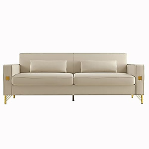 Lostcat Velvet Sofa Couch Mid Century Modern Upholstered 3-Seater Loveseat with 2 Pillows and Armrest for Living Room, Apartment and Small Space, Cream White
