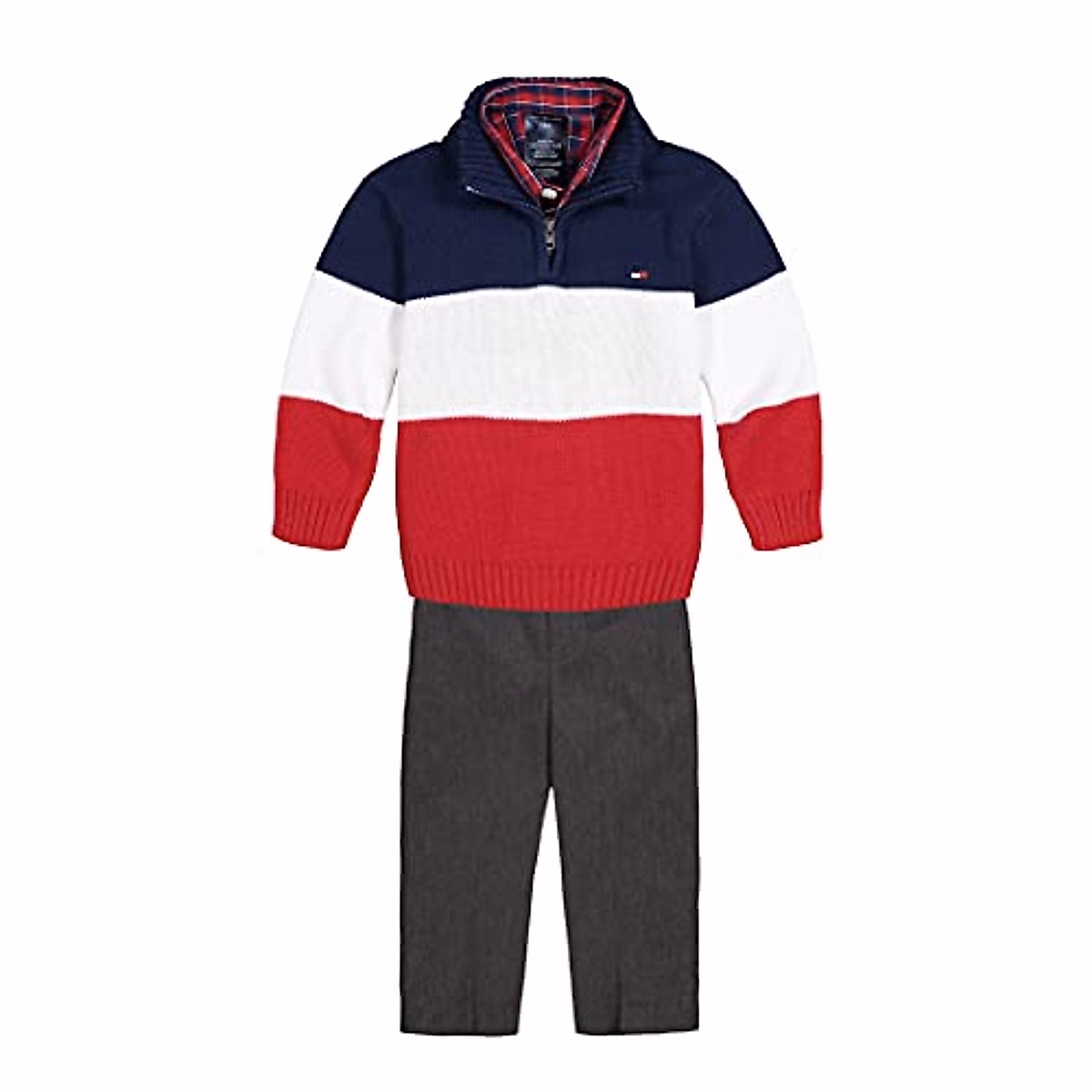 Tommy Hilfiger Boys' 3-Piece Sweater Set, Matching Button-Down Shirt, Sweater & Pants, Flag Blue Block, 24 Months