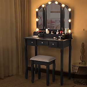Makeup Vanity with Lights Tri-Folding Mirror,Vanity Desk with Mirror and Lights,5 Drawers,Vanity with Lighted Mirror Makeup Vanity Table Set (Black)