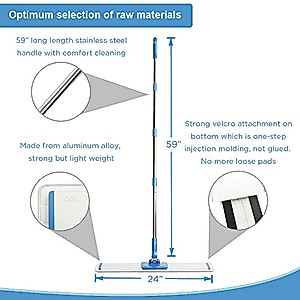 CQT Commercial Flat Microfiber Floor Mop Cleaning System 24" Inch Wet Dry and Dust Hardwood with 4 Washable Pads Cleaner for Laminate Tile Stainless Steel Handle and Extension (Blue)