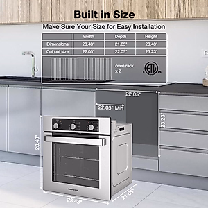 24" Single Wall Oven, ETL Certified, ThermoMate 2.79 Cu. Ft. Built-in Electric Oven with 5 Cooking Functions, Electric Wall Ovens with Stainless Steel Finish, Mechanical Knobs Control