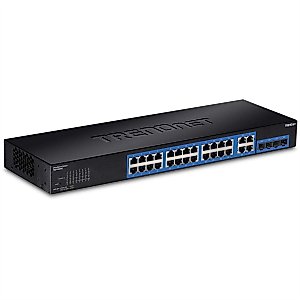 TRENDnet 28-Port Gigabit Web Smart Switch, 24 x Gigabit Ports, 4 x Shared Gigabit Ports (RJ-45/SFP), VLAN, QoS, LACP, IPv6, 56Gbps Switching Capacity, Lifetime Protection, TEG-284WS,Black