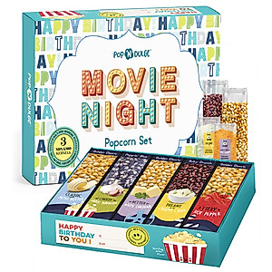 Birthday Gift Basket Movie Night Popcorn Birthday Box Food Gifts Birthday Care Package, 10 Piece Set, 5 Gourmet Popcorn Kernels and 5 Popcorn Seasoning Flavoring, Non-GMO Popcorn Gifts