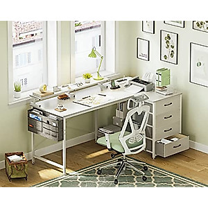 ODK 55 inch L Shaped Computer Desk with USB Charging Port & Power Outlet, L-Shaped Corner Desk with 4 Tier Drawer & Monitor Shelf for Home Office Workstation, Modern Style Writing Table, White