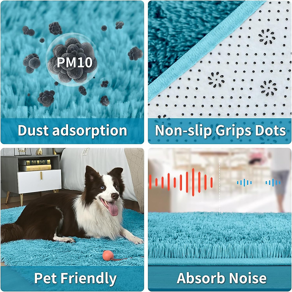 Merelax Soft Modern Indoor Large Shaggy Rug for Livingroom Bedroom Dorm Kids Room Home Decorative, Non-Slip Plush Fluffy Furry Fur Area Rugs Comfy Nursery Accent Floor Carpet 8x10 Feet, Teal Blue