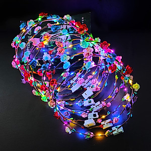 PTHTECHUS 12 Pack LED Flower Headband Crown, Halloween Glow in The Dark Party Supplies Wreath Headdress for Men Women Hair Accessories, LED Light Up Party Favors Dress Up Wedding Birthday Christmas