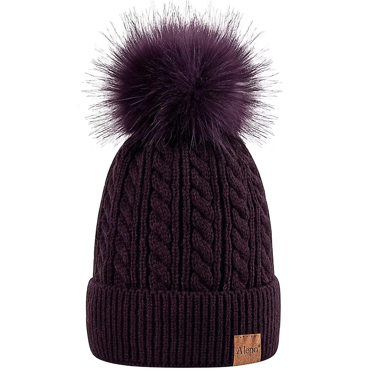 Alepo Womens Winter Beanie Hat, Warm Fleece Lined Knitted Soft Ski Cuff Cap with Pom Pom(Dark Purple)
