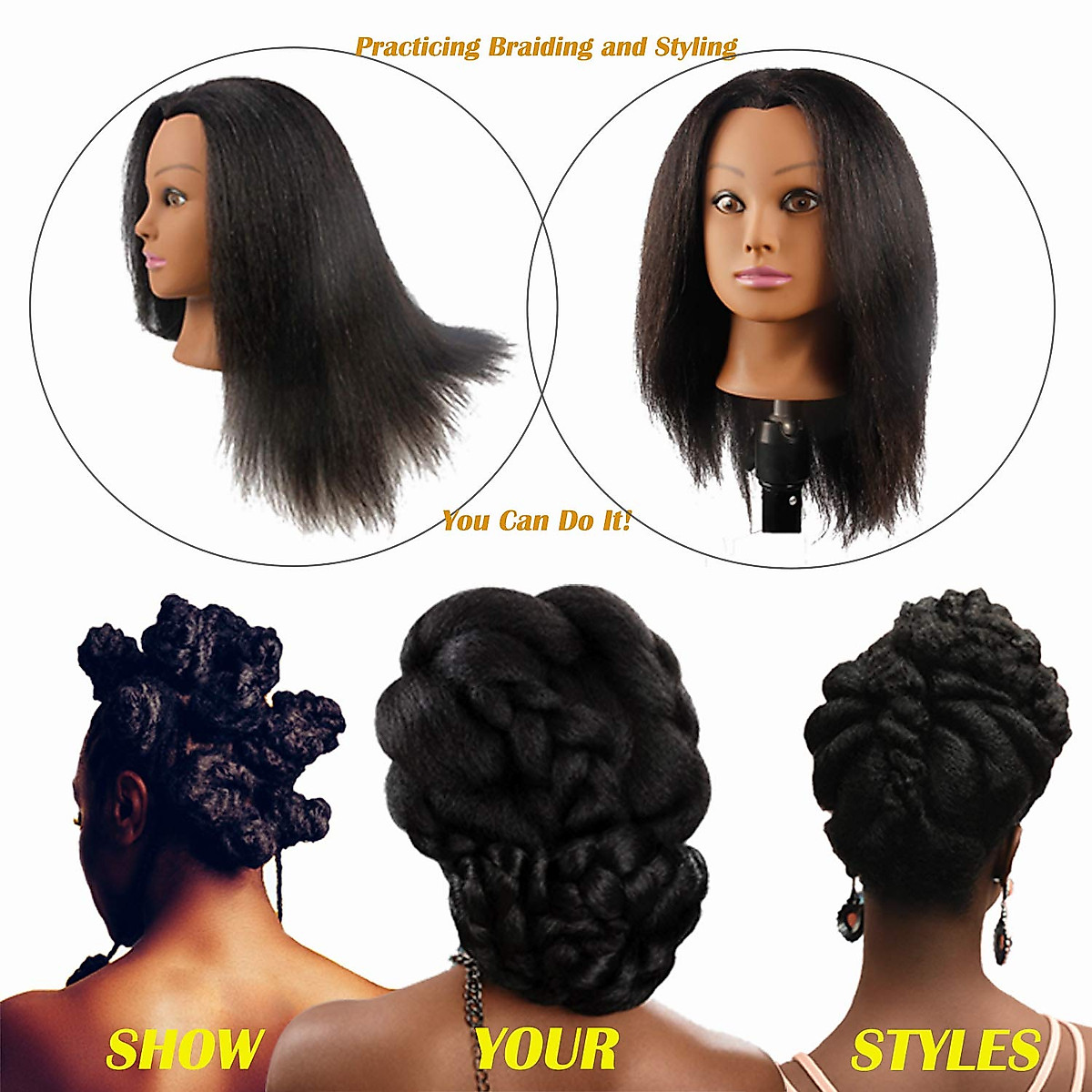 Kalyx African Mannequin Head Real Hair for Cosmetology Manikin Maniquins Hairdresser Practice Training Head Doll Head and Table Clamp Stand(B12)