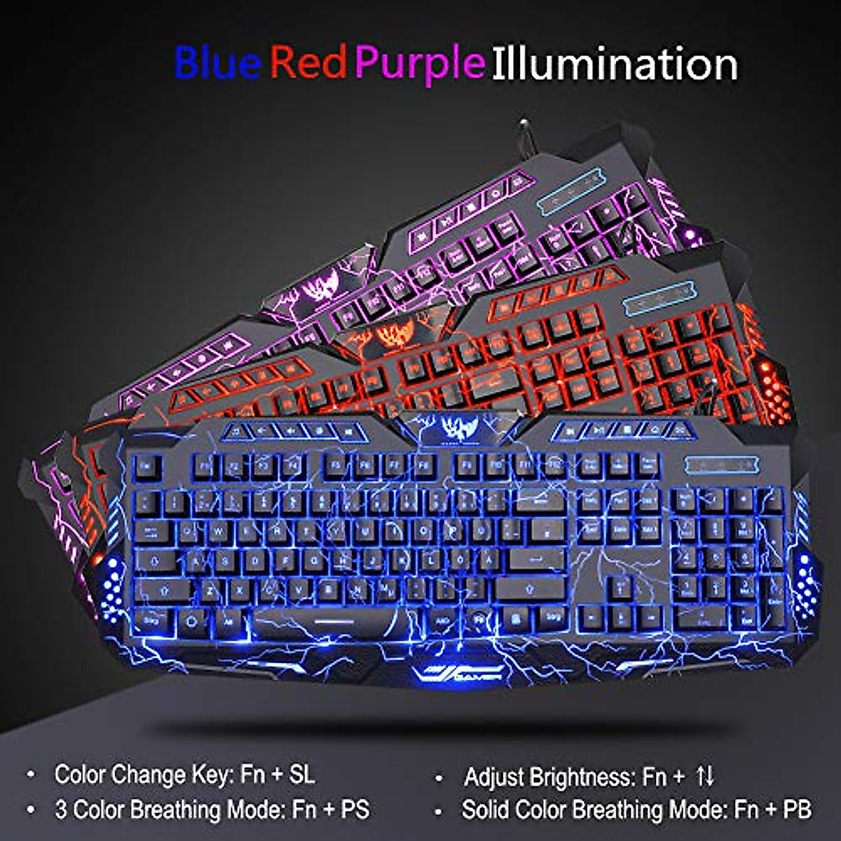 BlueFinger Backlit Gaming Keyboard and Mouse and LED Headset Combo,USB Wired 3 Color Crack Backlit Keyboard,Blue LED Light Gaming Headset,Gaming Keyboard Mouse Headphone Set for Work and Game