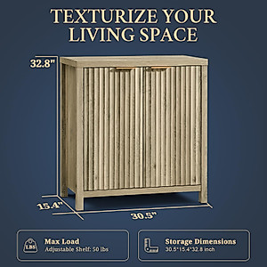 OAKHAM HOME Oxford Storage Cabinet Fluted Sideboard Buffet Cabinet with Adjustable Shelves, Multifunctional Console Cabinet Modern Accent Cabinet Set of 3 (Sunwashed Ash Oak)