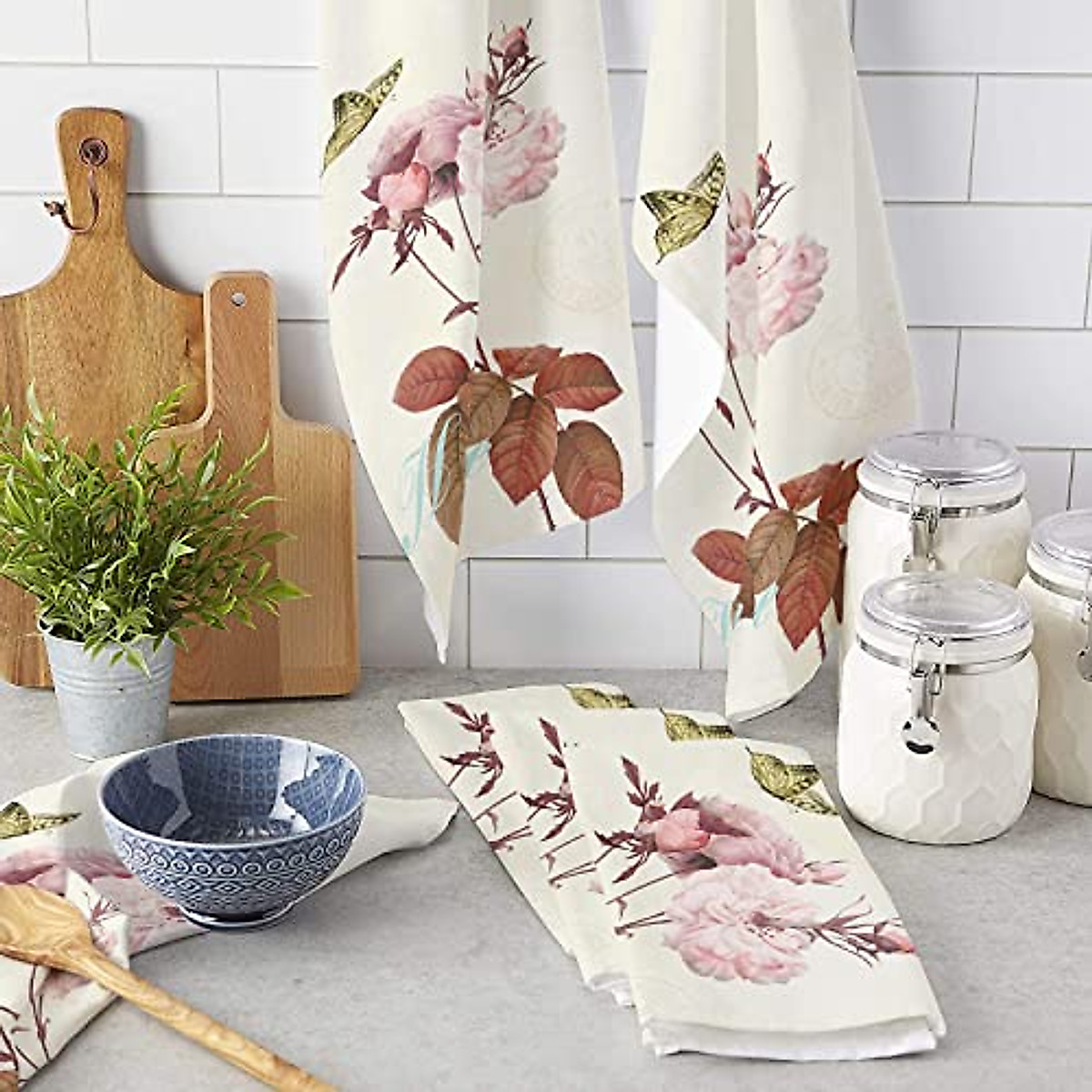 Big buy store Kitchen Towels Set of 2 Floral with Leaves Dish Towels and Dishcloths Sets Decorative Tea Towel Rustic Butterfly Absorbent Hand Towels for Kitchen Drying Bathroom Decor Gift 18x28 Inch
