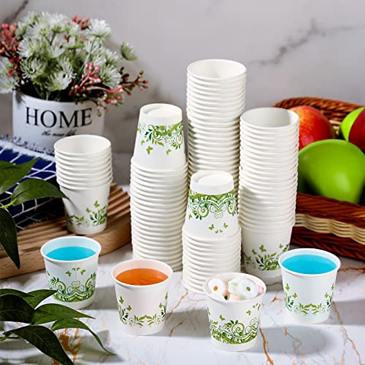Irenare 500 Pack 2 oz Paper Cups with 2 Pcs Paper Cup Dispenser Disposable Bathroom Mouthwash Cups Green Leaf Small Hot Cold Beverage Drinking Cups for Home Kitchen Holiday Party Event Picnic Travel