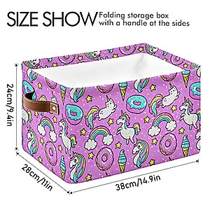 Mazeann Donuts Rainbow Unicorn Storage Basket Bin Collapsible Foldable for Clothes Toys Storage Cabinets Solid PE Waterproof Fabric Storage Box PU Leather Handle 15 x 11 x 9.5 inches 2PCS