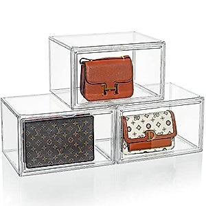 ZLLZUU Purse and Handbag Storage Organizer for Closet, Clear Acrylic Display Case for Collectibles, 3 Pack Plastic Storage Boxes with Magnetic Door for Wallet, Cosmetic, Toys (Large Door)