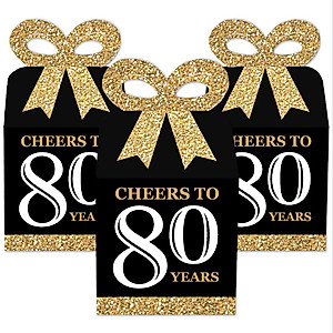 Big Dot of Happiness Adult 80th Birthday - Gold - Square Favor Gift Boxes - Birthday Party Bow Boxes - Set of 12