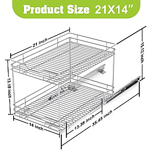 BONADOM 2 Tier Pull Out Cabinet Organizer(21''Dx14''W) Heavy Duty Slide Out Drawers for Kitchen Cabinets Storage Kitchen Roll Out Shelf Storage for Pots, Pans Cabinet Drawers Slide Out