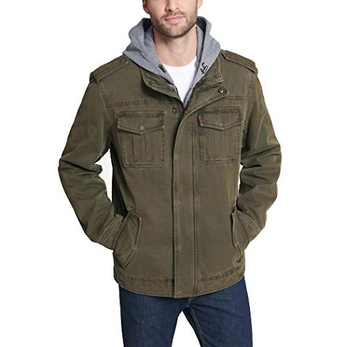 Levi's Men's Washed Cotton Hooded Military Jacket, Olive, Medium