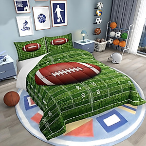 American Football Comforter Set Full,Football Field Abstract Bedding Set 3pcs for Kids Teens Boys Girls Adults Room Decor, Soccer Sport Game Quilt Set Green Brown Duvet Insert with 2 Pillowcases