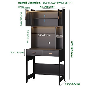 Vlsrka LED Home Office Desk with Hutch, 31.5 Inch Modern Computer Desk with Power Outlet, Wooden Bush Study Desk with Storage Drawers & Shelves (Matte Black)
