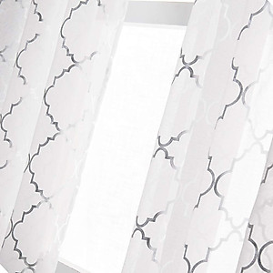 YJ YANJUN White Silver Kitchen Curtains 45 Inch Length Metallic Prin Short Curtains for Small Window Sheer Curtains 45 inch Length Set of 2 Panels 52 W x 45 L Inch White/Silver