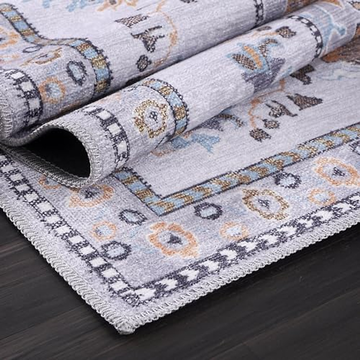 Lena Rug Floral Machine Washable Area Rug 5x7 for Living Room Bedroom Kitchen Dining Room Gray