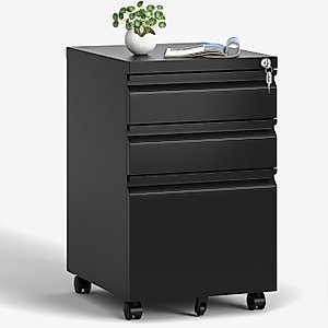 VIYET 3 Drawers Mobile File Cabinet, Rolling File Cabinet Fully Assembled Under Desk, Metal Filing Cabinet with Lock for Home Office Organizer Letters/Legal/A4 (Black)