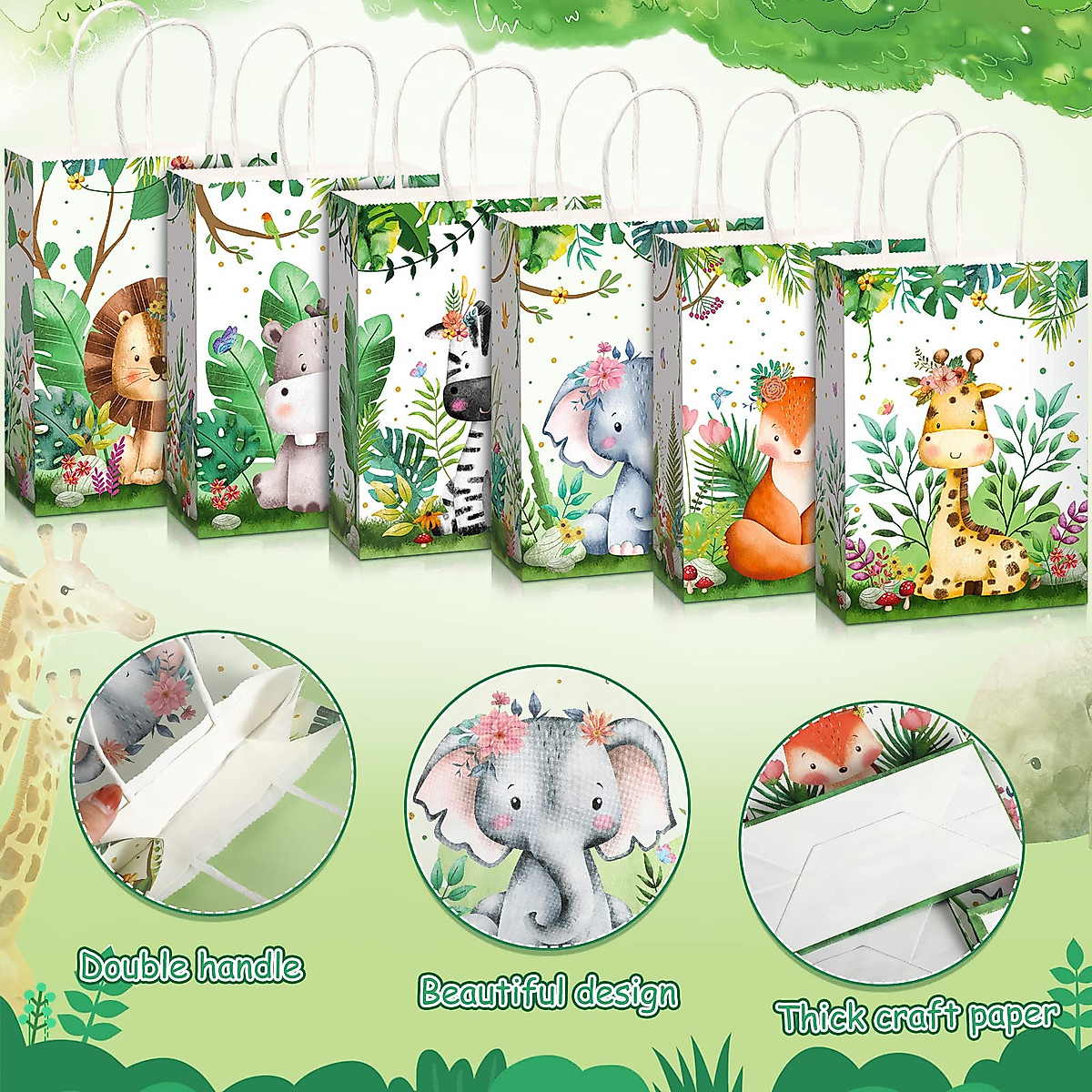 18 Pieces Safari Goodie Bags Jungle Animals Party Favor Bags with Handles Zoo Animals Print Candy Bags Woodland Gift Bags for Baby Shower Wedding Birthday Jungle Themed Party Supplies