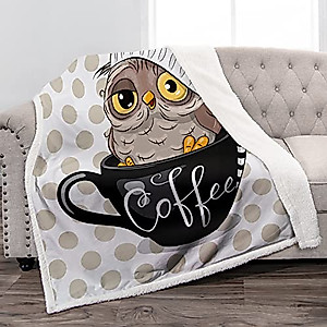Jekeno Owl Blanket Hat Coffee Cup Print Gifts for Women Kids Girls Mom Home Bedroom Living Room Decor Soft Cozy Lightweight Cartoon Throw Blankets 50"x60"