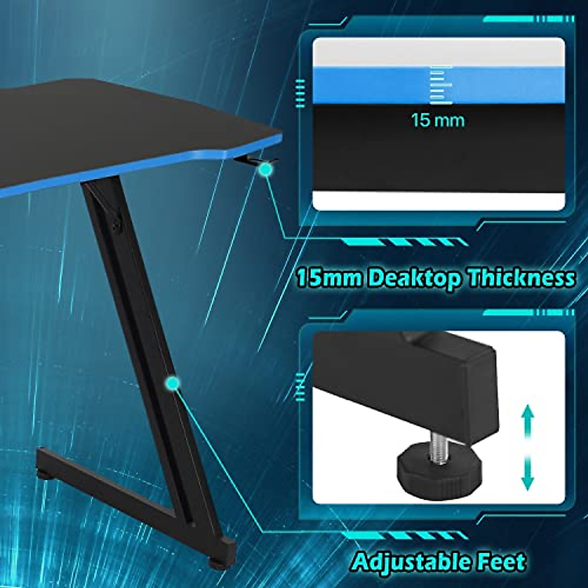 Dkelincs 47 inch Gaming Desk Z-Shaped Computer Desk PC Computer Table Home Office Desk Ergonomic Gamer Workstation with Headphone Hook, Blue