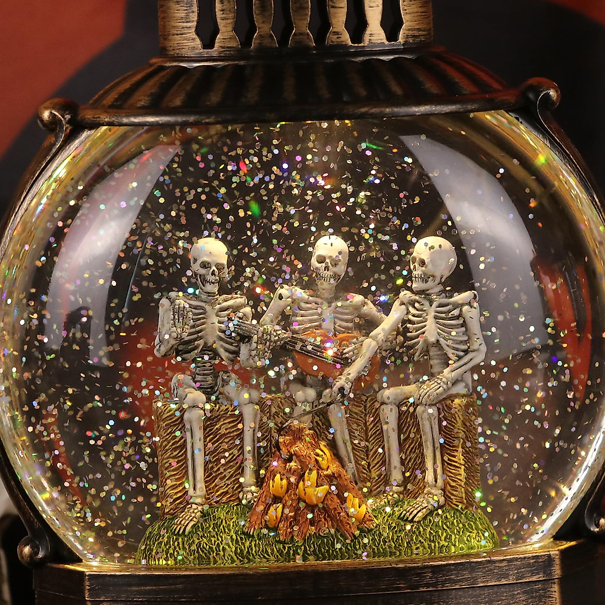 DRomance Halloween Skeleton Snow Globe Lantern with 6H Timer Battery Operated USB Powered Lighted Water Glitters Bronze Canteen Shaped Snow Globe Halloween Decoration Children Gift(6 x 3.2 x 11 Inch)