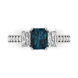 Clara Pucci 1.71ct Emerald Round Cut Solitaire 3 stone Accent Natural London Blue Topaz gemstone designer Modern Ring 14k White Gold